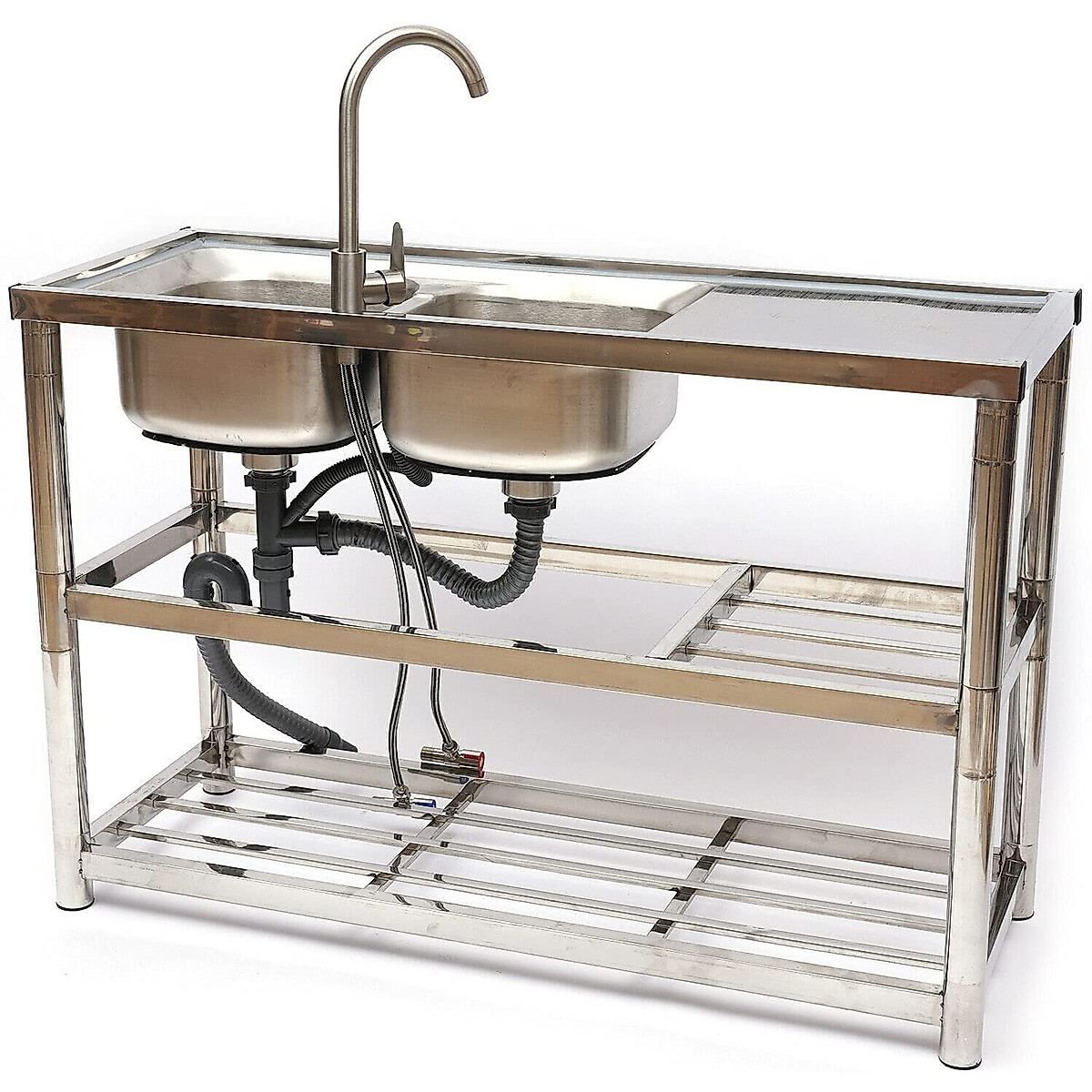 Commercial Restaurant Sink,Stainless Steel Utility Sink Free-standing Kitchen Sink,Double Bowl Kitchen Sinks with Strainer,304 Stainless Steel Freestanding Kitchen Sink