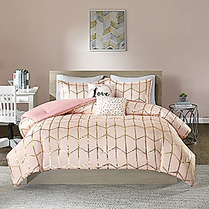 Intelligent Design Raina Comforter Microfiber Metallic Print Geometric Design Embroidered Toss Pillow Modern Trendy Casual All Season Bedding Set Matching Sham, Full/Queen, Blush/Gold 5 Piece