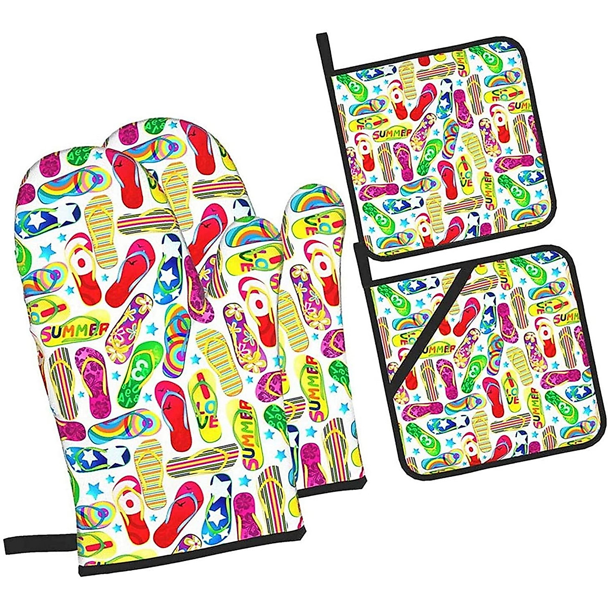 Colorful flip Flops Pattern Oven Mitts and Pot Holders Set of 4 Kitchen Set for Cooking