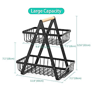 2 Tier Fruit Storage Basket Countertop for Kitchen, Rectangle Fruit Bread Wire Basket Vegetable Fruit Basket Bowl Stand Holder with Wooden Handle(Black)