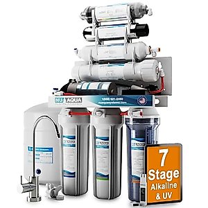 NU Aqua 7-Stage Alkaline & UV Under Sink Reverse Osmosis Water Filter System - Booster Pump - 100 GPD RO Filtration & Remineralization - Faucet & Tank - 100GPD Undersink Home Kitchen Drinking Purifier