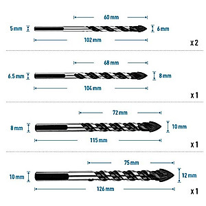 CUTTEX TOOLS Multi-Material Drill Bit Set, 5 Pcs HEAVY DUTY Multipurpose Tungsten Carbide Tip Most Common Sizes (6, 6, 8, 10, 12mm), For Drilling in Tile, Glass, Mirror, Concrete, Wood, and Plastic