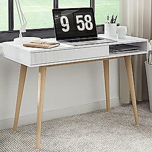 White Desk Mid Century Modern Desk Wooden Desk with Drawer Small Office Desk Mid Century Computer Desk White Makeup Table, by Artswish
