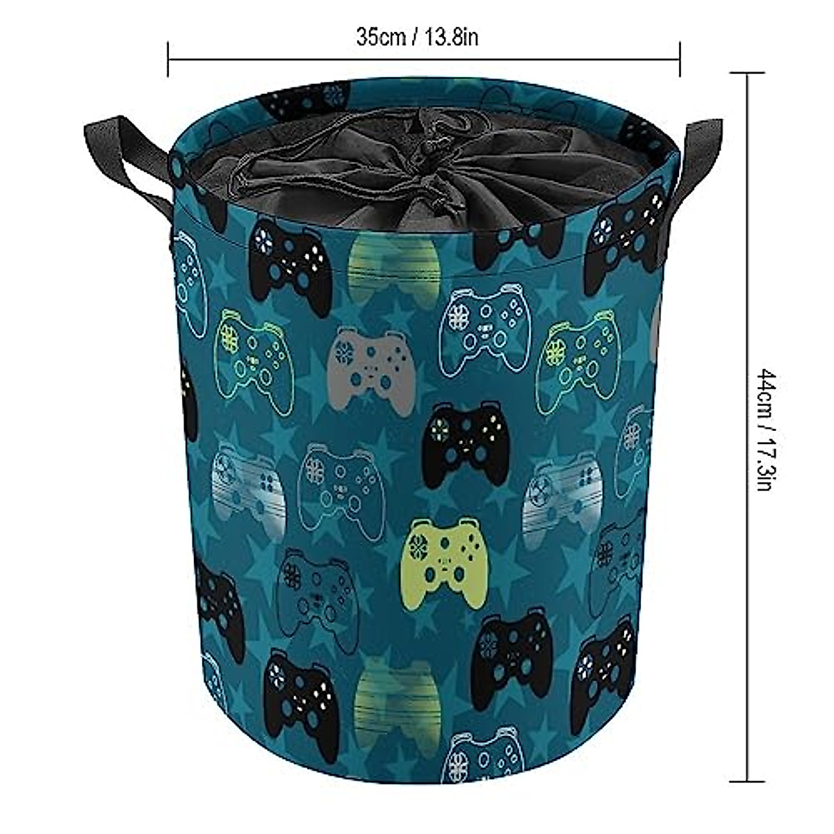 LynaRei Colorful Joystick Gamepad Laundry Basket with Handle, Gaming Cool Print Drawstring Round Collapsible Storage Bin, Dirty Clothes Hamper for Bedroom Bathroom