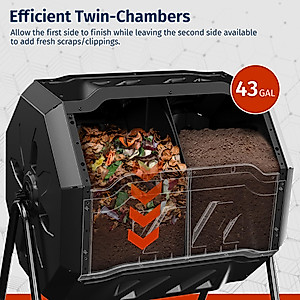 EAST OAK Compost Tumbler Outdoor, 43-Gal Dual Chamber Compost Bin with 2 Sliding Door and Aeration System, Tumbling Rotating Composter Bin for Kitchen, Garden, Yard