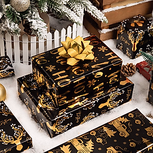 MIMUTI Christmas Wrapping Paper -Black and Gold Gift Wrapping Paper Roll with Cut Lines on Reverse, 17 in x 10 ft Christmas Wrapping Paper Rolls Elk, Ho and Car Design for Holiday, Chrsitmas, Party, Celebration