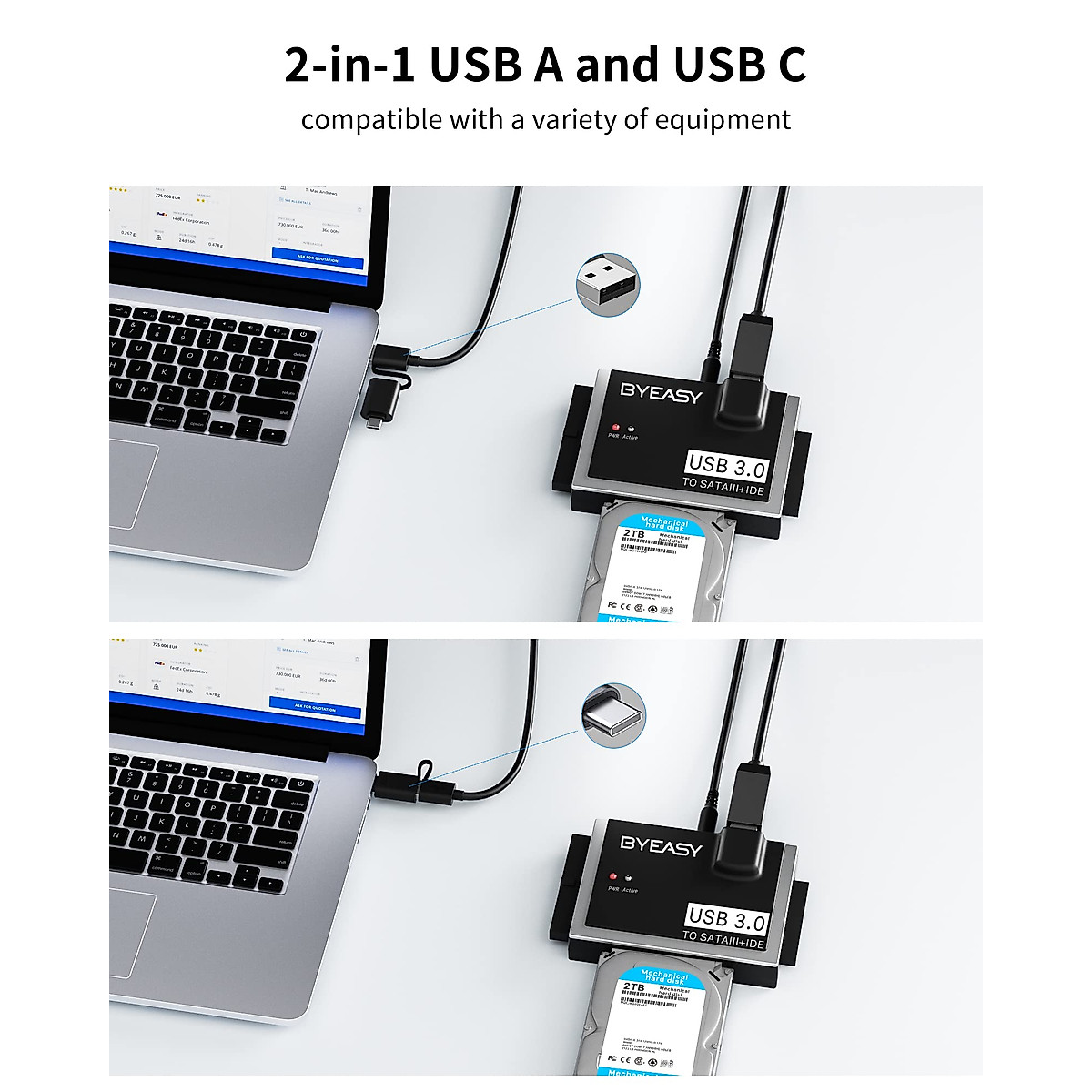 BYEASY SATA/IDE USB 3.0 Adapter, Hard Drive Reader with USB A and USB C for Universal 2.5"/3.5" Inch External HDD/SSD with 12V 2A Adapter, Support 12TB for Windows and Mac OS