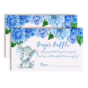 Amanda Creation Watercolor Dahlia Floral Elephant Diaper Raffle Tickets for Boy Baby Showers, 20 2" X 3” Double Sided Inserts, Bring a Pack of Diapers to Win Favors & Prizes!