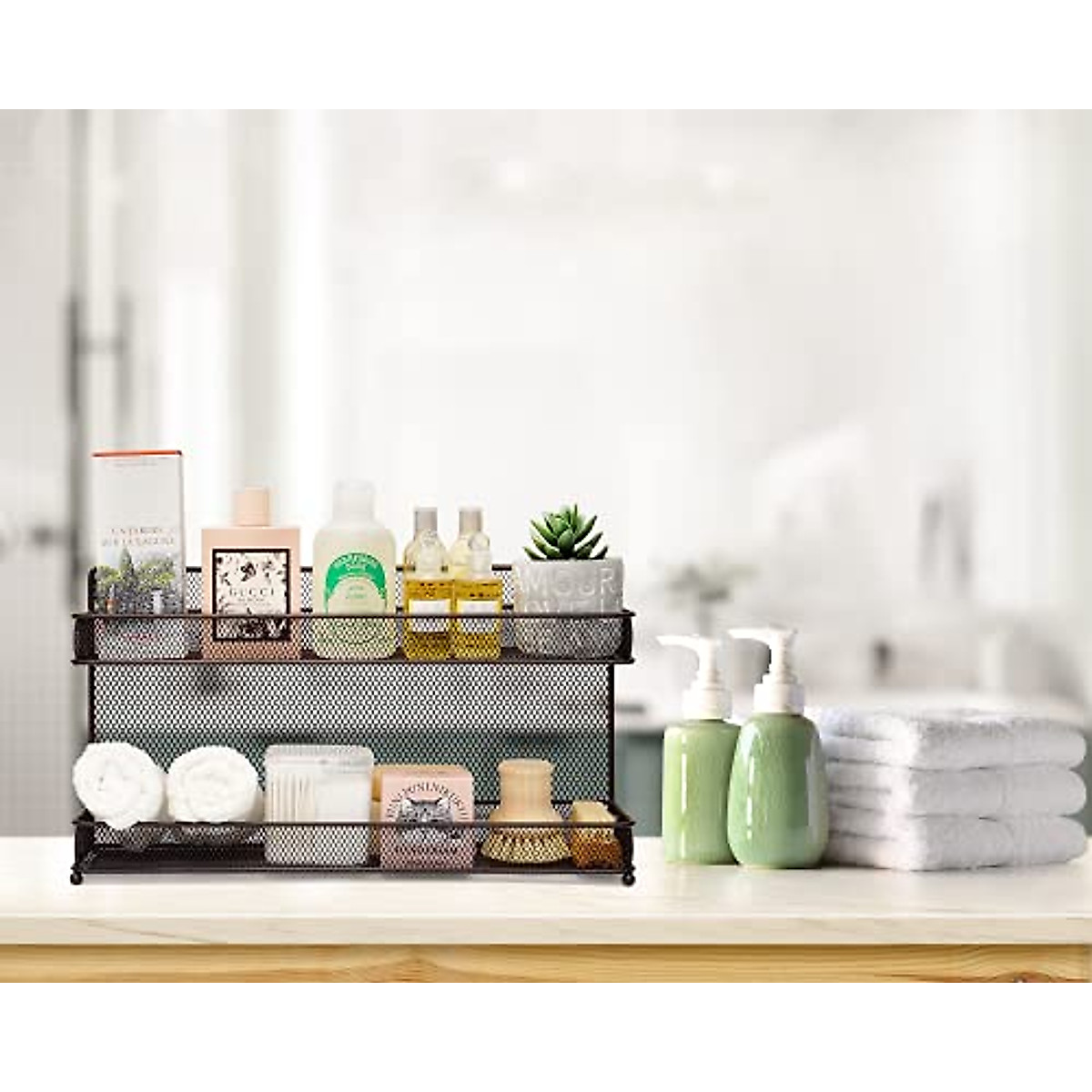 CAXXA 2 Tier Mesh Kitchen Counter-top or Wall Mount Spice Rack Jars Storage Organizer, Bronze