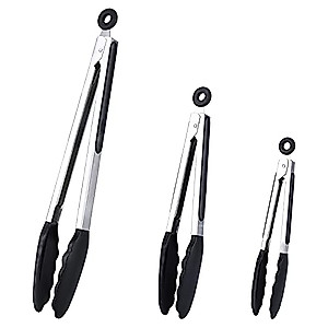 7"+9"+12" Silicone Kitchen Tongs Set, Cooking Tongs with Silicone Tips and Stainless Steel Handle, Heat Resistant Tongs for Grilling Cooking Barbecue Buffet Salad Serving, 7/9/12 Inches (Black)
