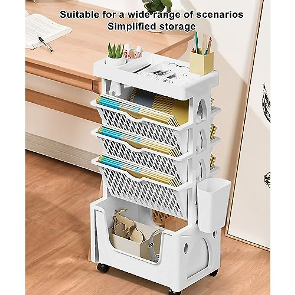 DULRLLY 5 Layer Rolling Book Cart for Teachers Movable Rolling Utility Storage Cart with Wheels Small Book Rack Storage Bookshelf Mobile Book Shelf Bookcase Organizer for Office Classroom(White)