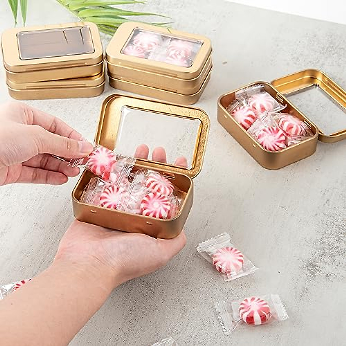 Restaurantware RW Base 4.5 Ounce Rectangular Tin Containers 10 Durable Tin Boxes With Lids - Clear Window Lids Rounded Edges Gold Tin Storage Containers Customizable Fits Mints Or Pills