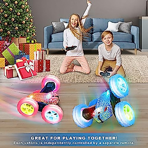 Remote Control Car, OrrenteRemote RC Cars with Headlights and Wheel Lights, 4WD 2.4Ghz Double Sided 360° Rotating RC Truck for 6 Year Old Boy Gifts Stunt RC Car Kids Xmas Toy Cars for Boys Girls(Blue)