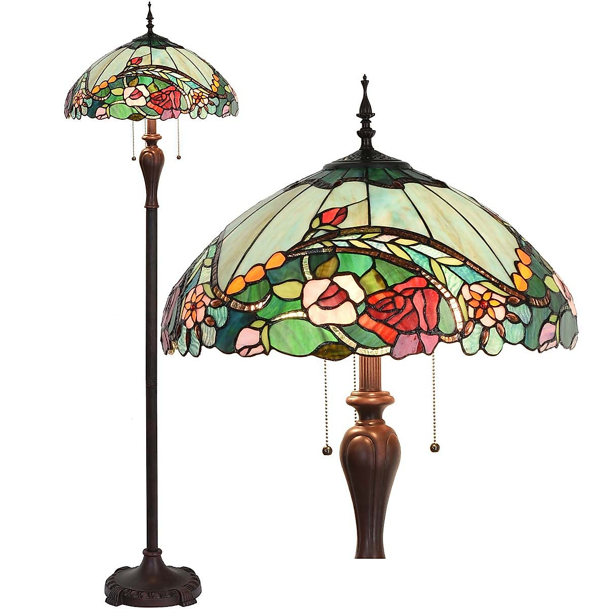 Bieye L10740 Rose Flower Tiffany Style Stained Glass Floor Lamp with 18-inch Wide Shade for Reading Working Bedroom, 3 Lights, 65 inch Tall