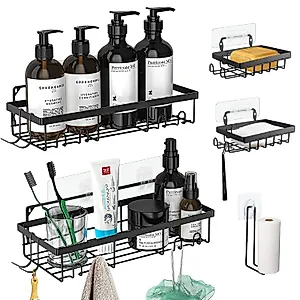 Shower Caddy Shelf (2 Pack) with 2 Soap Dishes, No Drilling Traceless Adhesive Toilet Paper Holder Shower Organizer with 4 Hooks