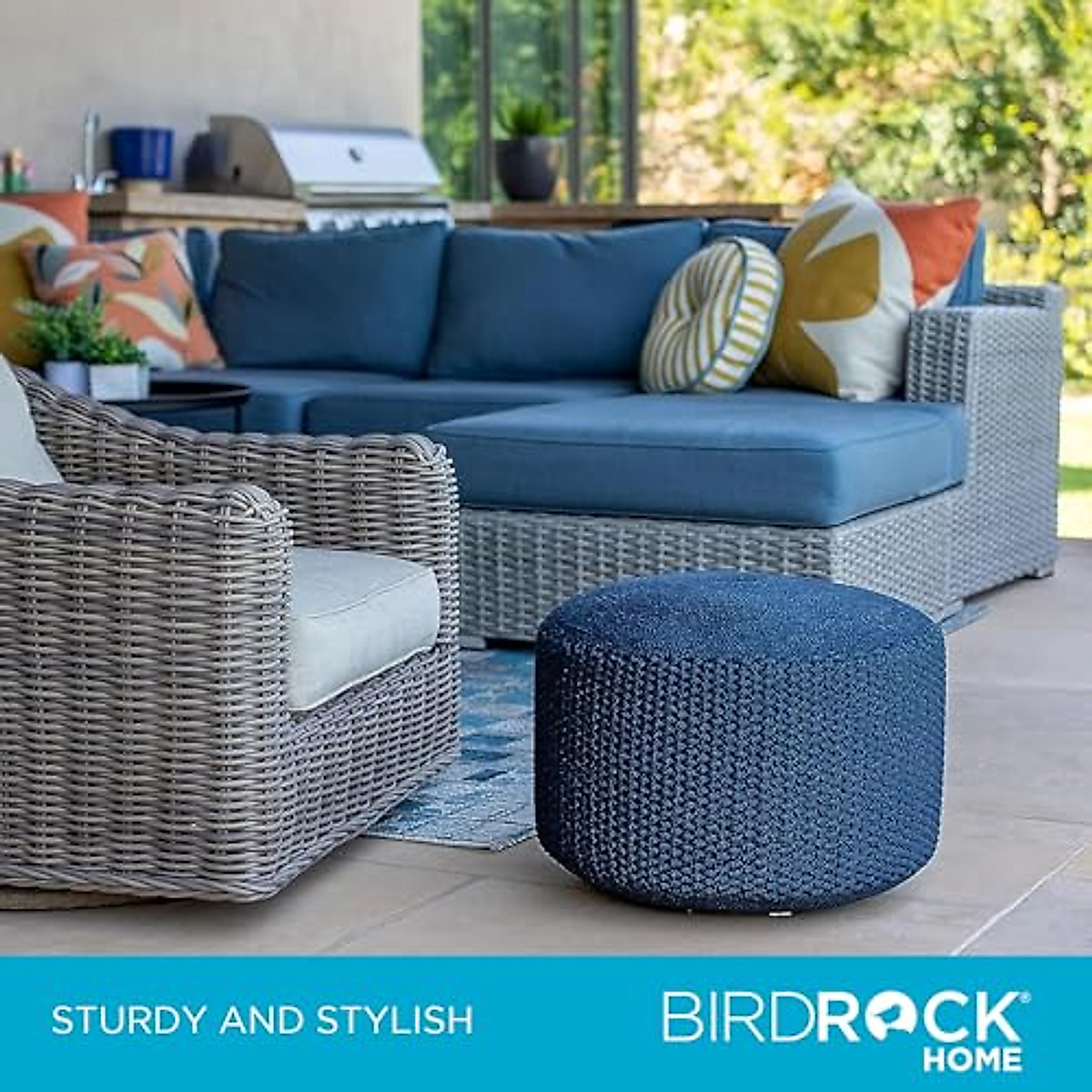 BIRDROCK HOME Outdoor Pouf Ottoman | Hand Woven Waterproof Foot Stool with Bead Bag Filling | Boho Foot Rest for Patio, Living Room, Porch & Outdoor Seating | Lightweight, Soft Stuffed Chair | Navy