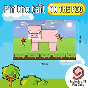 Silly Goose Gifts - Pin The Tail On The Pig - Fun Kids Birthday Party Supply Celebration Activity - Pixel Block Video Game Themed Mining Craft Adventure Attach - Sticking Animal Tail - Pin The Tail