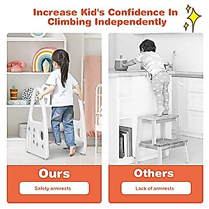 Costzon Kids Step Stool, Toddler Step Ladder for Toilet Potty Training, Kitchen Counter, Bathroom, Two Step Learning Tower w/Non-Slip Design, Safety Handles, 200 Lbs Weight Capacity (Grey)