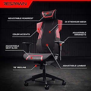 RESPAWN FLEXX Mesh Gaming Chair With Lumbar Support, Ergonomic Gaming Chair with Recline/Tilt Tension Controls, Adjustable Arms, 300lb Max Weight With Wheels for Computer/Desk/Office - Red
