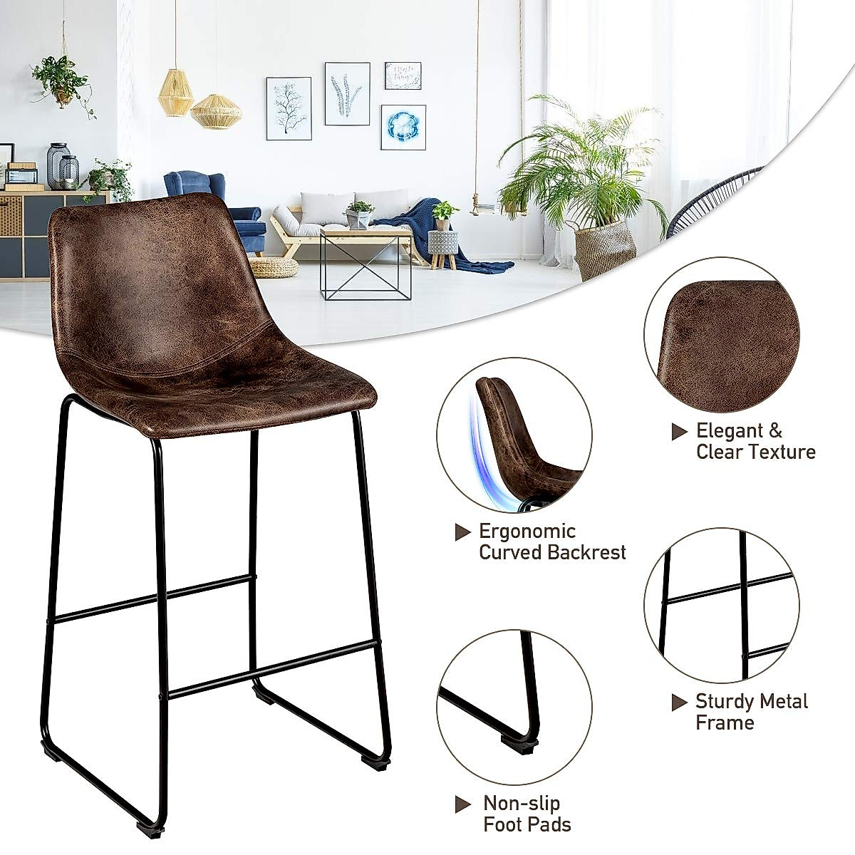 COSTWAY Set of 2 Bar Stools, Vintage Faux Suede Bar Stools, with Metal Legs, Back and Footrest, Upholstered Stools for Home Kitchen, Pub (Brown, 4)