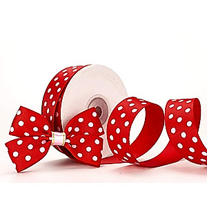 ATRibbons 25 Yards 1 Inch Wide Dot Printed Grosgrain Ribbons,Color Grosgrain Ribbons with White Dots for Hair Bows Gift Wrapping and Craft (Red)