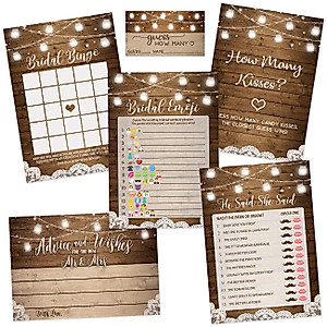 Printed Party Bridal Shower Game Set – 5 Fun Games and Activities for 50 Guests, Includes Bingo, Trivia, Guess How Many, and Advice Cards, Rustic Country Wedding Shower Games
