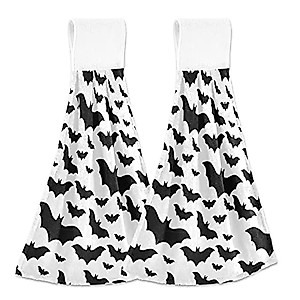 AUUXVA Cute Bats Pattern Hanging Kitchen Hand Towels 2 Pack, Halloween Print Soft Coral Velvet Towel for Bathroom Decor Washcloth Absorbent Dish Tie Towels
