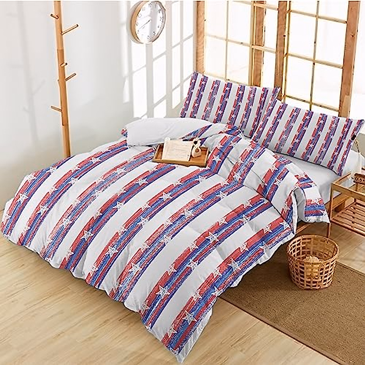 4th of July Queen Duvet Covers American Patriotic Stars Horizontal Stripe 3-Piece Bedding Sets Luxury Soft Microfiber Bed Comforter Protector with Pillow Cases for Women Men Girl Boy Red Blue White