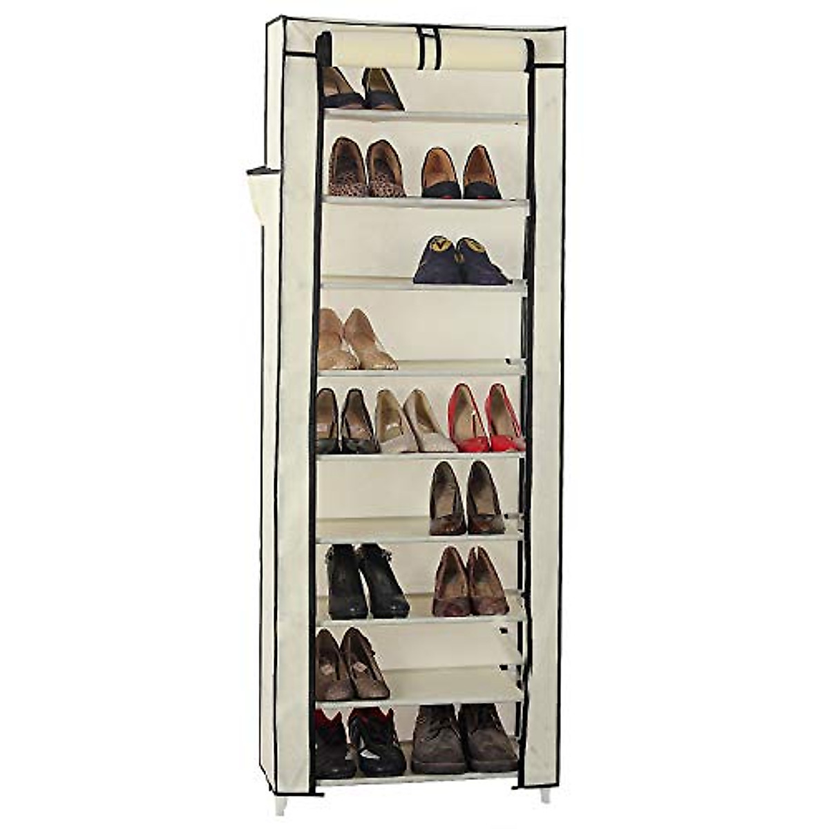 SONGMICS 10-Tier Shoe Tower Rack with Cover 27-Pair Space Saving Shoe Storage Organizer Beige URXJ10M
