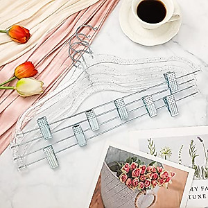 Hoolerry 10 Pcs Clear Hangers with Clips Acrylic Glitter Hangers 17 x 8 Inches Plastic Skirt Pants Hangers with Non Slip Notches Adjustable Clips Coat Hanger for Clothes Skirt Trousers Jeans (Silver)