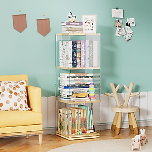 uyoyous Rotating Bookshelf 360 Degree Revolving Bookcase 3 Tier Spinning Bookshelf Display with Clear Acrylic Windows Floor Standing Bookcase Storage Rack for Playroom, Bedroom, Living Room