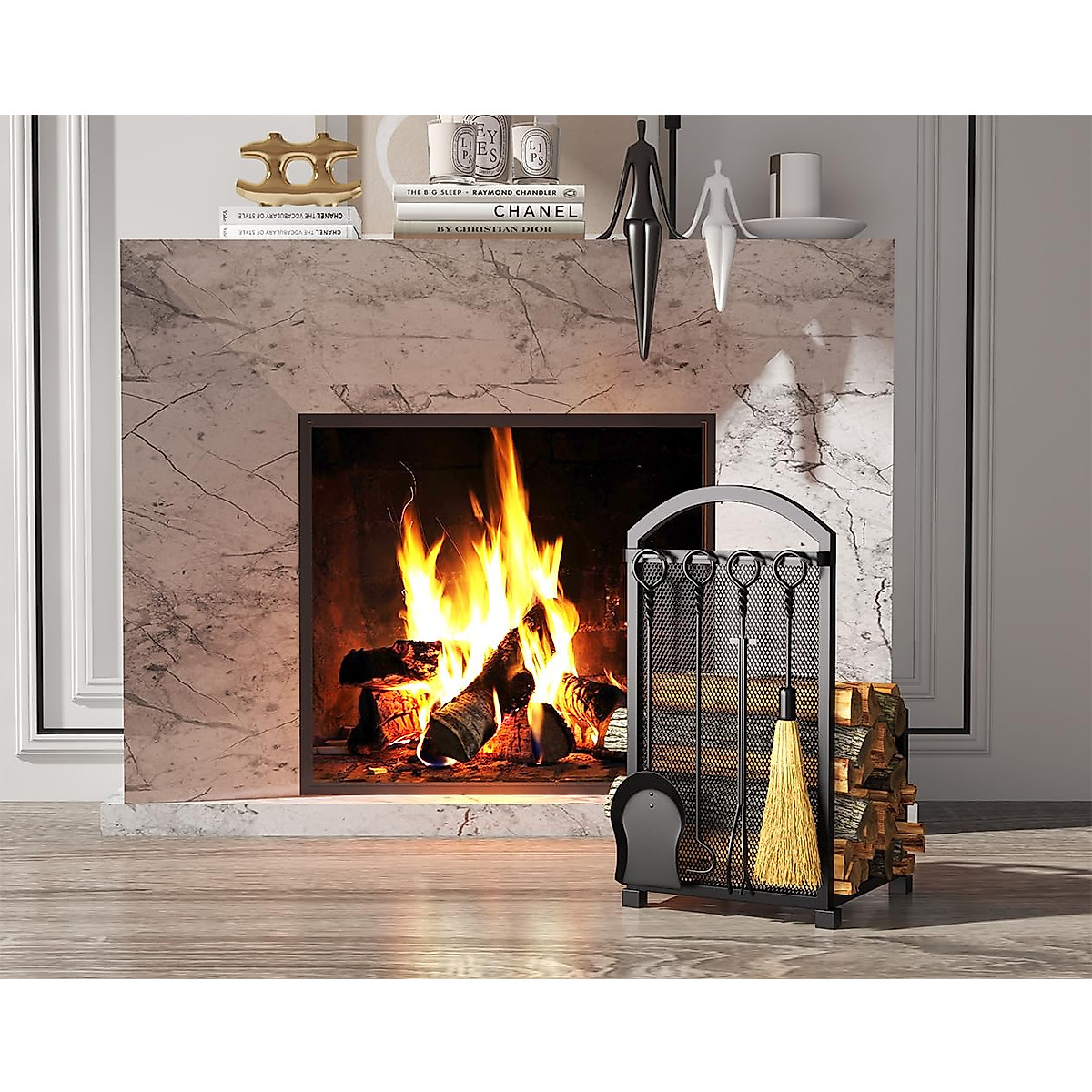 Lizh Metalwork Fireplace Log holder with Fireplace Tools, Wrought Iron Indoor Stove Accessories Firewood Rack Holder Lumber Storage Stacking Log Holder Log Bin with Tongs Shovel Poker and Brush