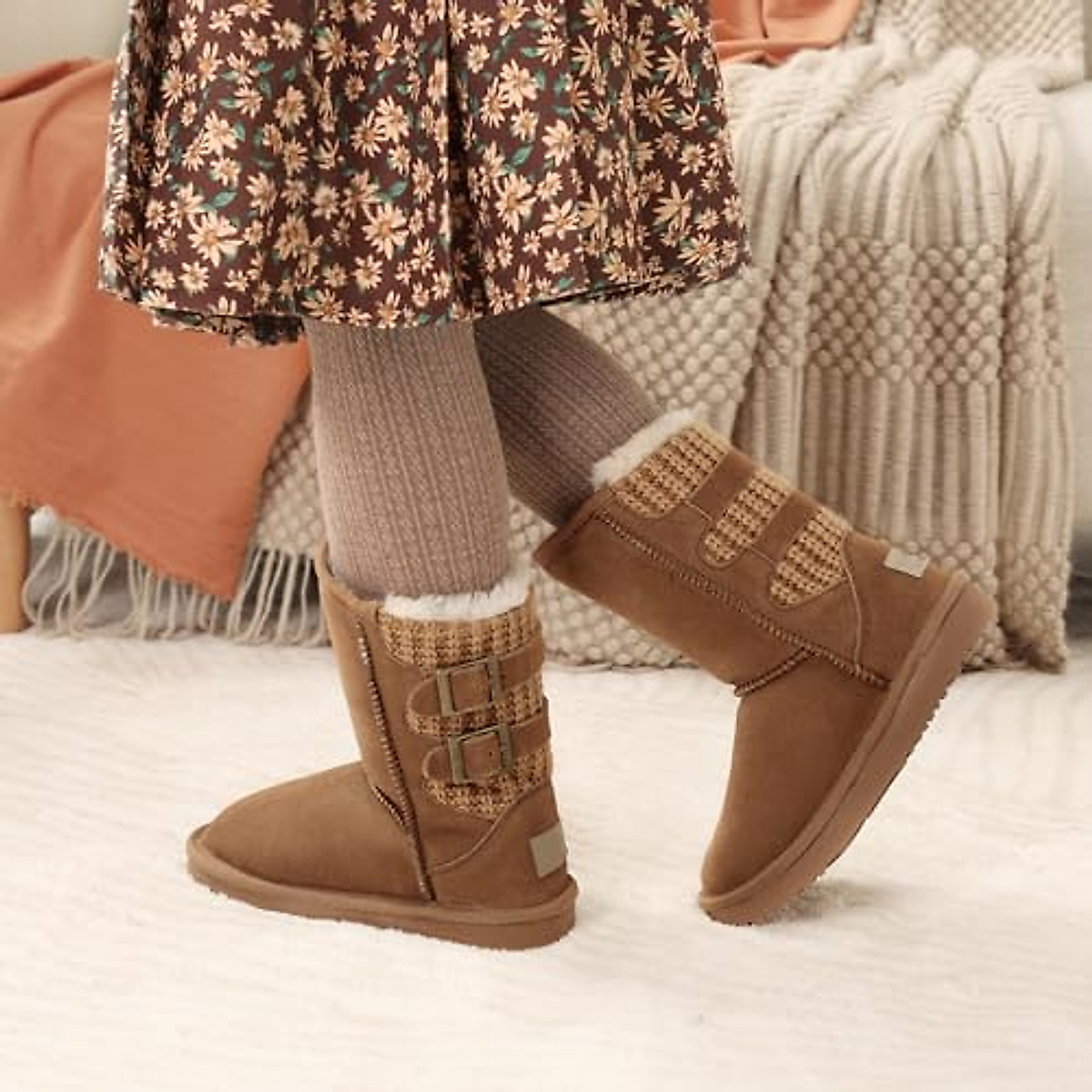 DREAM PAIRS Girls Boys Winter Boots Faux Fur Lined Mid Calf Kids Snow Tall Shoes for Little Kid/Big Kid,Size 11 Little Kid,Chesnut,Sweaty-Buckle-K