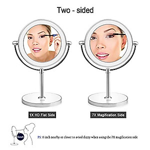 KDKD Lighted Makeup Mirror 1X 7X Magnification Double Sided Round Shape with Base Touch Button, Cordless and Rechargeable