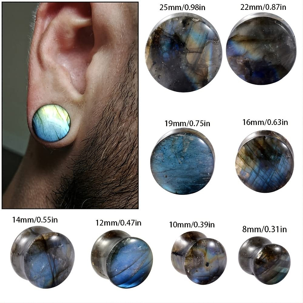 CHUANCI Pair Labradorite Stone Ear Flesh Tunnel Plugs Double Flared Plug Glow Stone Ear Gauges Expander (One Pair,9/16''(14mm))