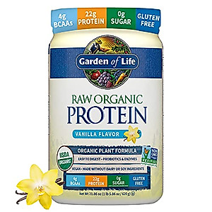 Garden of Life Raw Organic Protein Vanilla Powder, 20 Servings: Certified Vegan, Gluten Free, Organic, Non-GMO, Plant Based Sugar Free Protein Shake with Probiotics & Enzymes, 4g BCAAs, 22g Protein