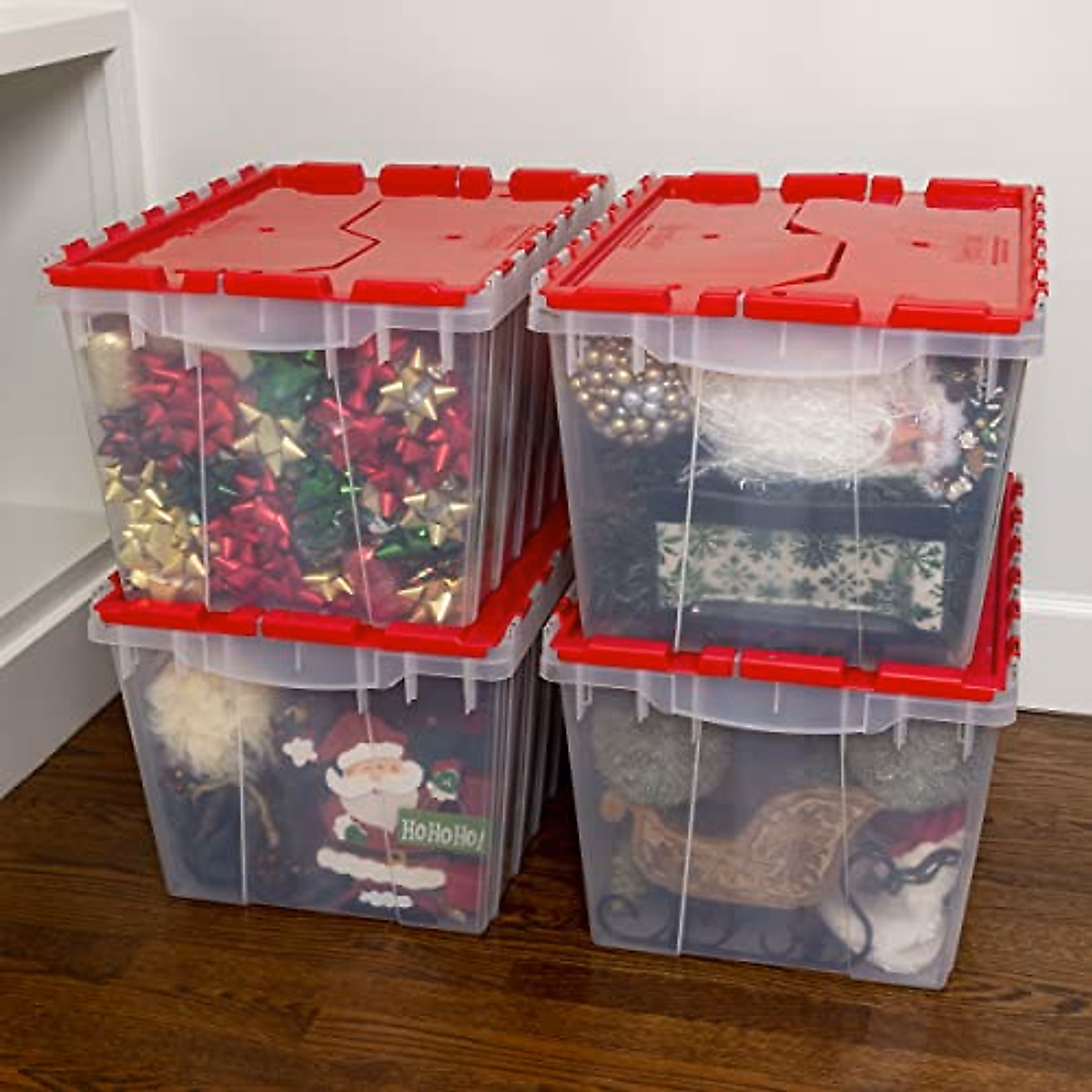 Akro-Mils 6648612-Gallon Plastic Stackable Storage KeepBox: Tote Container with Attached Hinged Lid, 21-1/2-Inch x 15-Inch x 12-1/2-Inch, Clear/Red