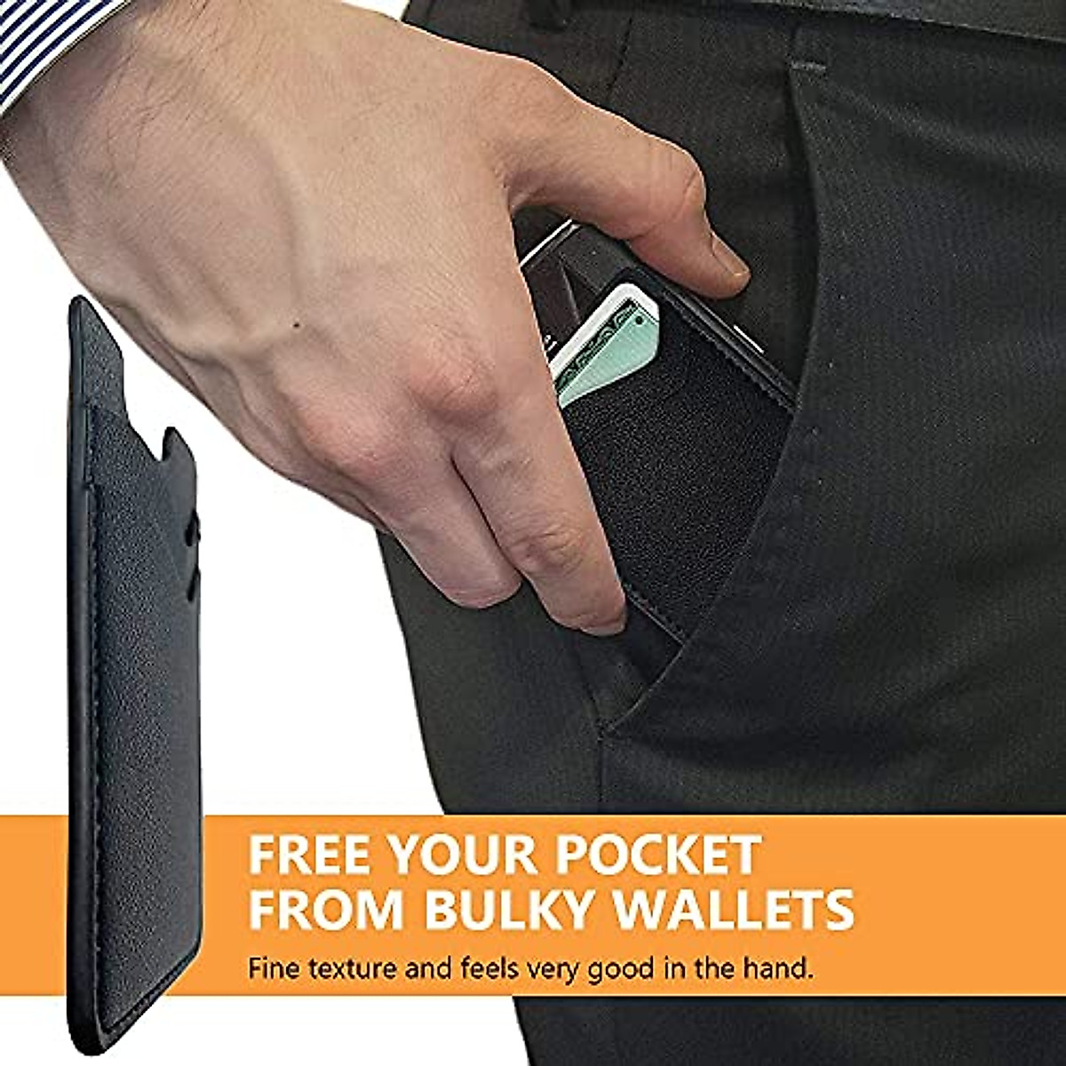 Phone Card Holder, Leather Phone Wallet Stick On, Stretchy Card Holder for Back of Phone Credit Card Holder for Phone Case Compatible with Most of Cell Phone (iPhone, Samsung) - 2Pack Black