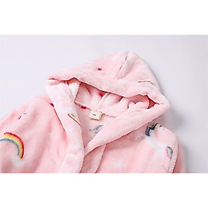 Umeyda Girls Robe, Soft Fuzzy Fleece Printed Hooded Bathrobe Cute Sleepwear for Kids, Rainbow Peach Pink, 12-18 Months = Tag 90