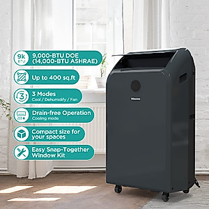 Hisense Portable Air Conditioner 9,000 BTU Cooling Dehumidifier Fan for Rooms up to 400 sq.ft, Remote Control, Long Distance Air Flow, Black