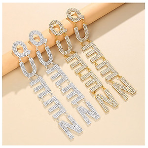 Boho Crystal Tassel Pendant Earrings Rhinestones Long Letter Earrings Flash Diamonds Bridal Body Jewelry For Women (QUEEN-gold)
