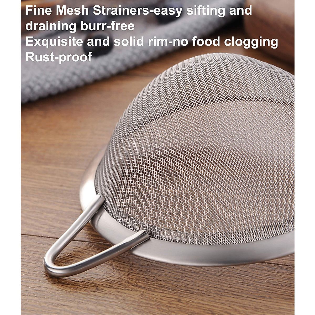 Adjaso 5.5inch 304 Stainless Steel Fine Mesh Strainer for Kitchen, Colander-Skimmer with Handle, Metal Sieves Sifters