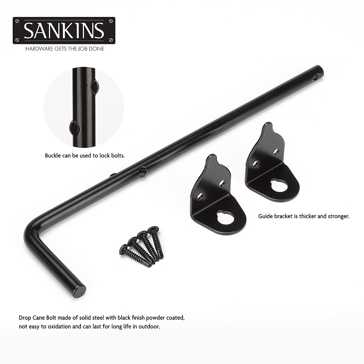 SANKINS 12" Cane Bolt Drop Rod Heavy Duty Gate Hardware Black Solid Steel Gate Ground Latch for Wood PVC Vinyl Metal Gates Fences Doors, Holding Gate to The Ground (1Pack)
