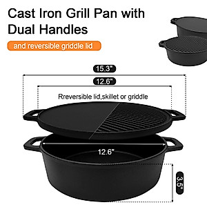 GEDIAO 3IN1 Pre-Seasoned Cast Iron Pan With Reversible Grill Griddle Lid, Multi Cooker Deep Roasting Grill Pan, Dutch Oven with Lid, Non-Stick Open Fire Camping, 5.2QT