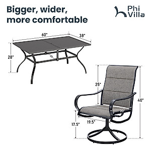 PHI VILLA 7 Piece Patio Dining Set for 6, 1 Large Metal Table and 6 Outdoor Dining Chairs with High Back and Padded Textilene, Outdoor Furniture Set for Garden, Yard