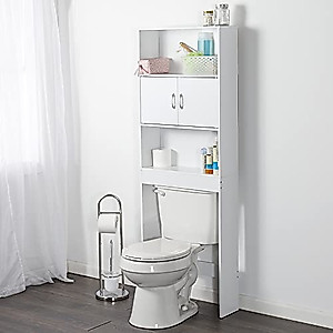 Home Basics Space Saver for Bathroom (White) MDF Bathroom Space Saver with Three Shelves and Cabinet Doors | Toilet Saver for Towels, Toilet Paper, Beauty Supplies, and Décor