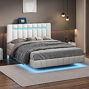 Modern Upholstered Platform LED Bed Frame, Queen Size Upholstered Bed with LED Lights and USB Charging, Floating Bed Frame with Wood Slats Suooprt, No Box Spring Needed (White, Floating Bed Frame 6)