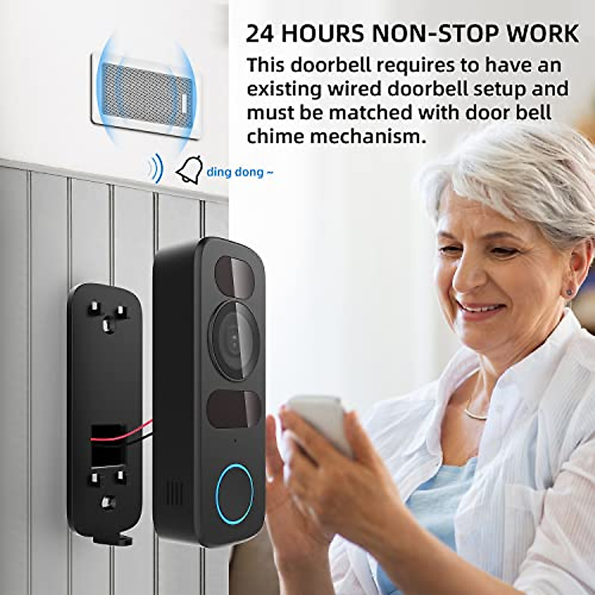 JLAZGJ Wired Video Doorbell Camera, 1080P HD, 140° View, IR Night Vision, Motion Detection, 2-Way Audio (existing doorbell Wiring & Mechanical Chime Required), Compatible with Alexa