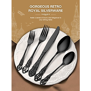 Stapava 48 Pcs Black Silverware Set with Steak Knives, Gorgeous Retro Royal Silverware Set for 8, Stainless Steel Mirror Flatware Cutlery Set, Include Forks Spoons and Knives set, Dishwasher Safe