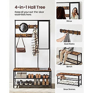 VASAGLE Coat Rack Shoe Bench with Mirror, Hall Tree with Bench and Shoe Storage Shelves, 15 x 38.6 x 70.9 in, Bedroom Living Room, Industrial Style, Rustic Brown and Black UHSR415B01